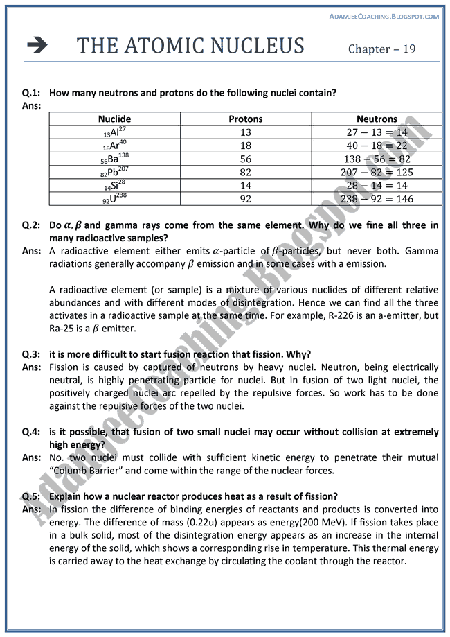 Adamjee Coaching: The Atomic Nucleus - Question Answers - Physics XII