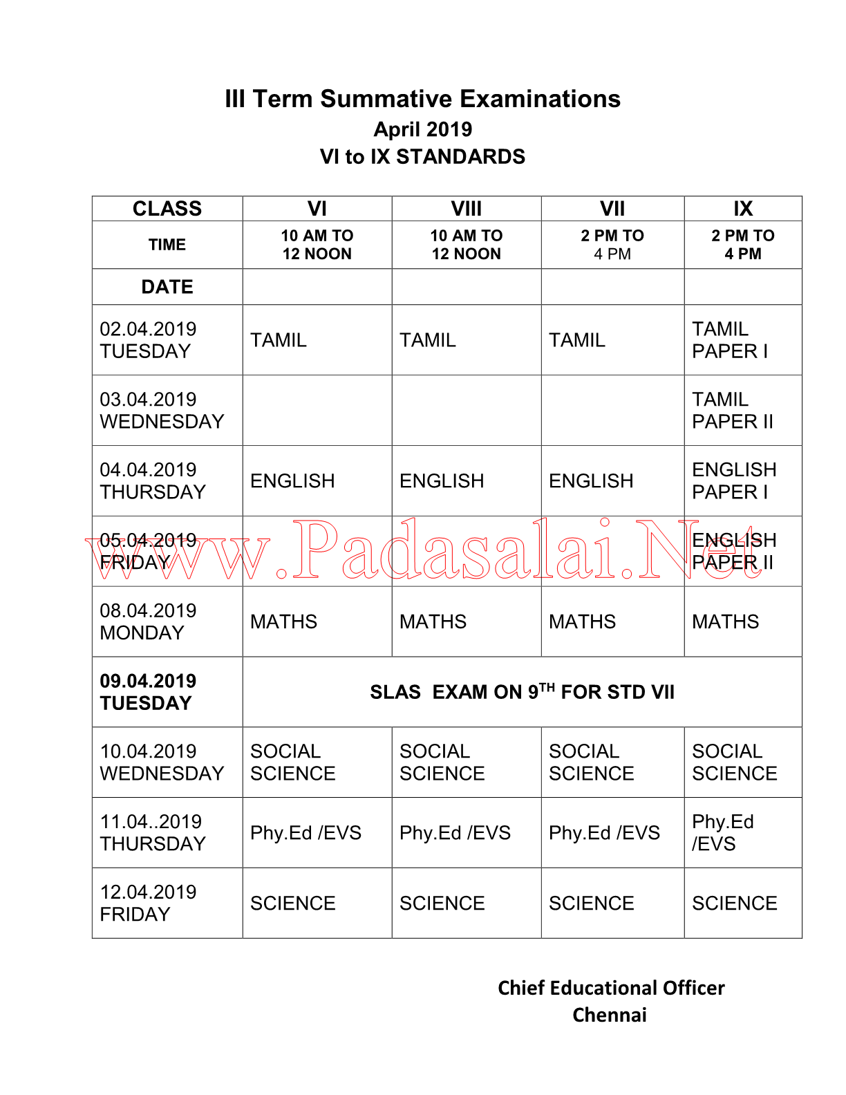 3rd Term Exam Time Table ~ Padasalai.Net - No.1 Educational Website