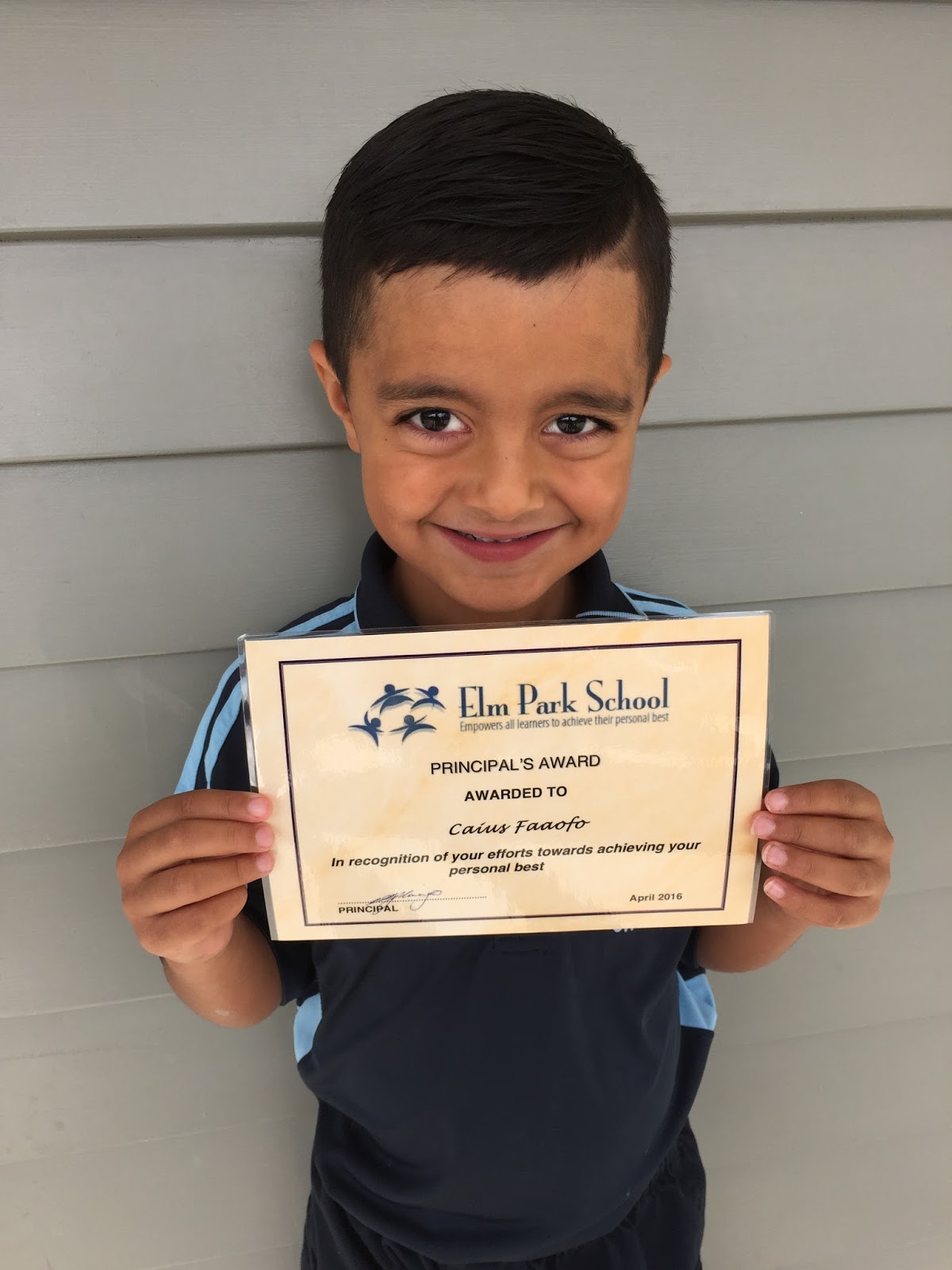 Caius @ ElmPark School: Principal's Award certificate