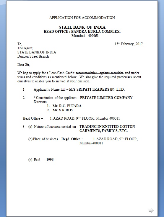 Application Letter For Cash Credit Loan in Word Format