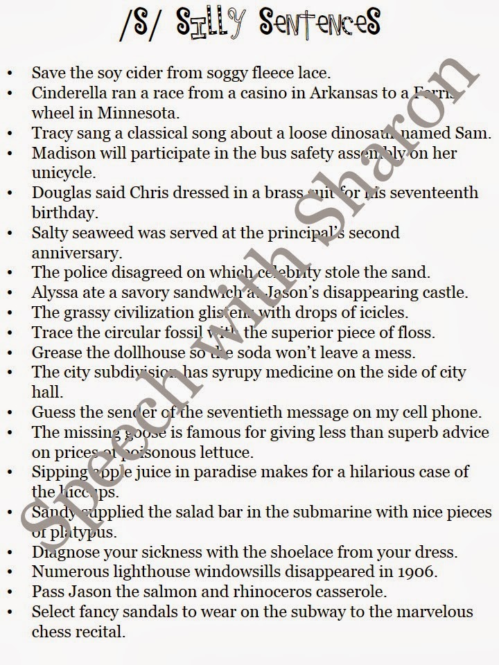 Speech with Sharon: Articulation Silly Sentences Later Sounds {s, l, r ...