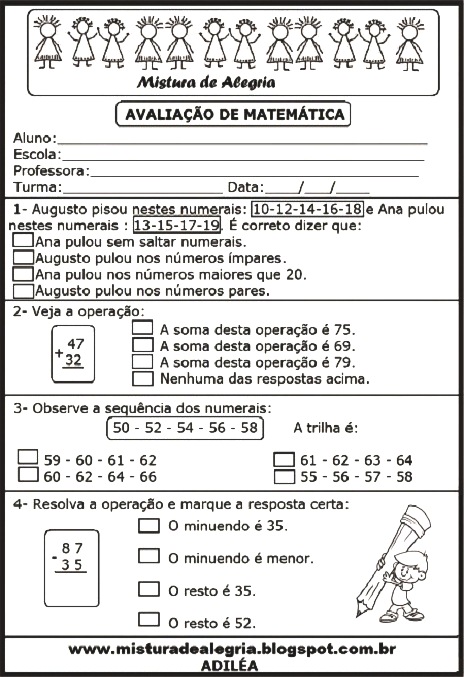 AVALIAÇÃO DE MATEMÁTICA 3 ANO - Mistura de Alegria