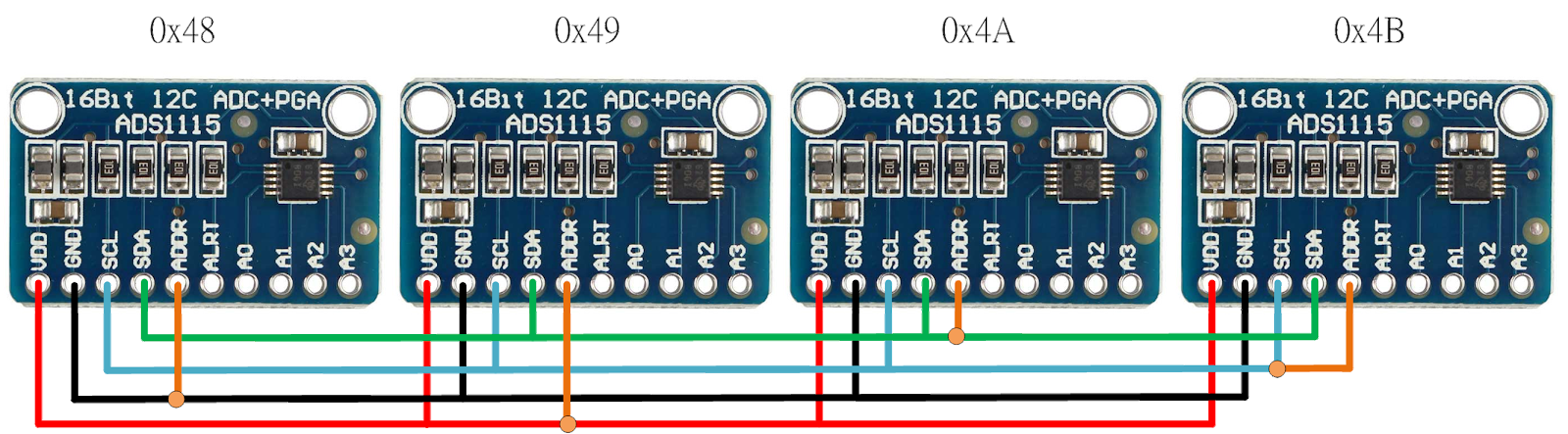 Keep learning Keep trying & JUST DO IT!: arduino four ADS1115 Modules