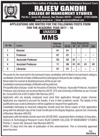 Rajeev Gandhi College of Management, Navi Mumbai, Wanted Faculty Plus ...