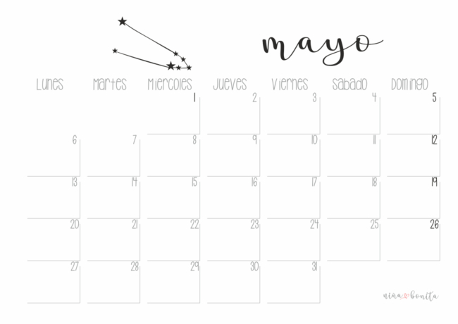 Imprimible: Calendario mayo 2019 - Niña Bonita