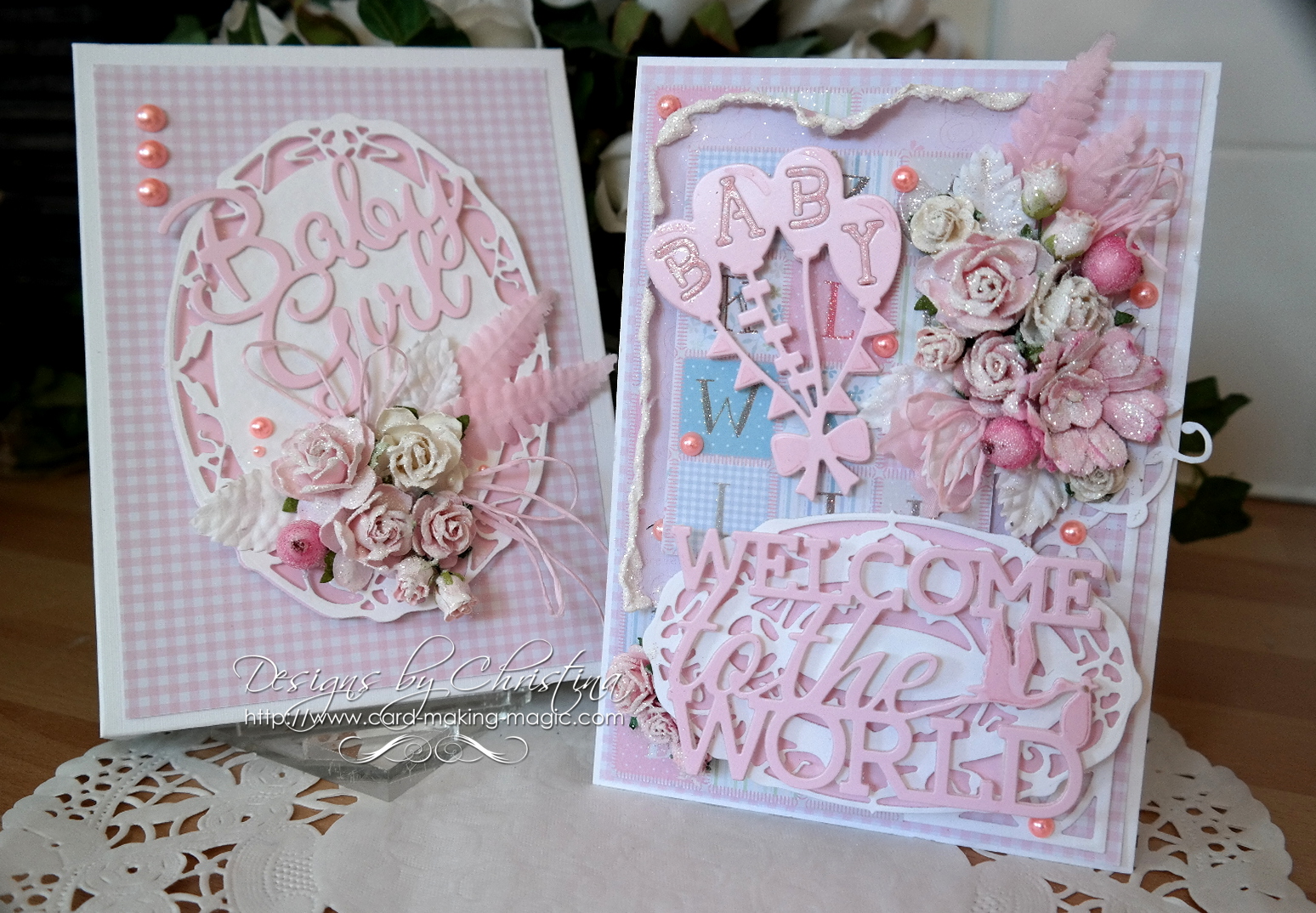 Flowers, Ribbons and Pearls: Baby Card in Pink ...