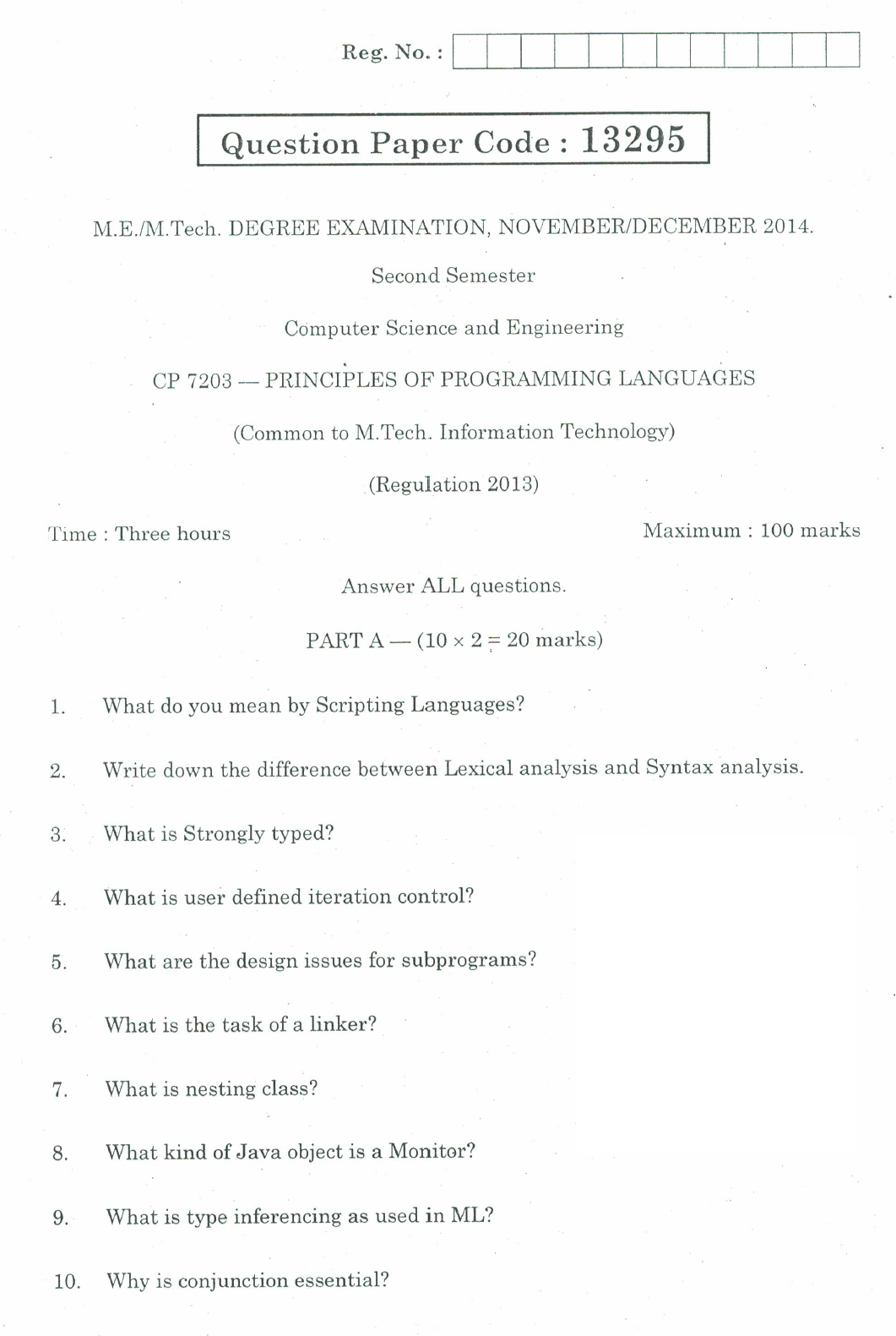 CP7203 - PRINCIPLES OF PROGRAMMING LANGUAGES ME CSE 2014 Question Paper - University Question Papers