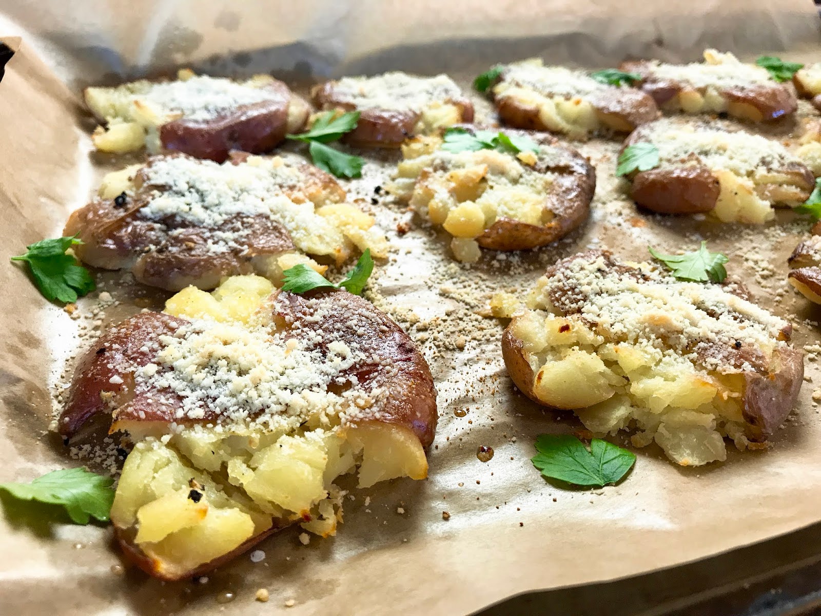 Smashed Red Potatoes with Garlic and Parmesan