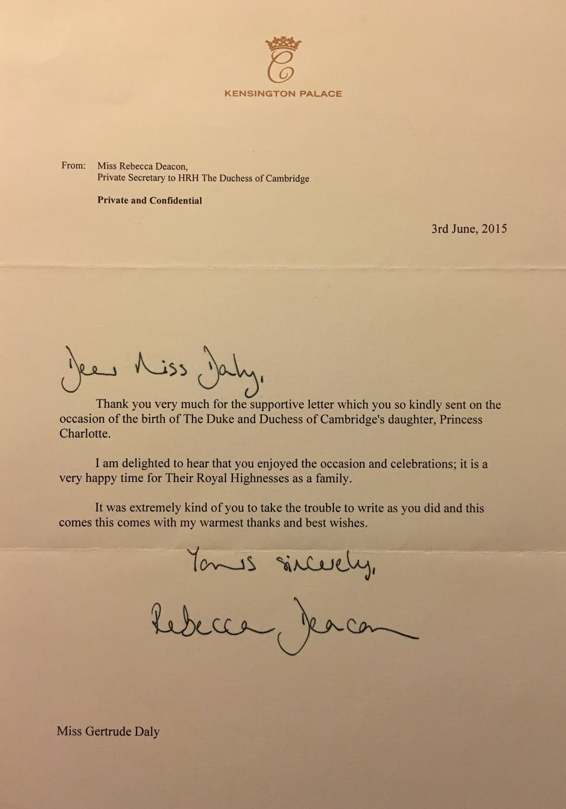 Gert's Royal Replies: Letter From Rebecca Deacon (2015)