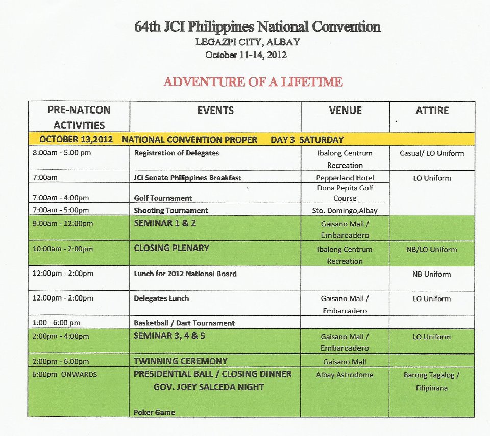 Byahero: 64th JCI Philippines National Convention 2012 Schedule of Events