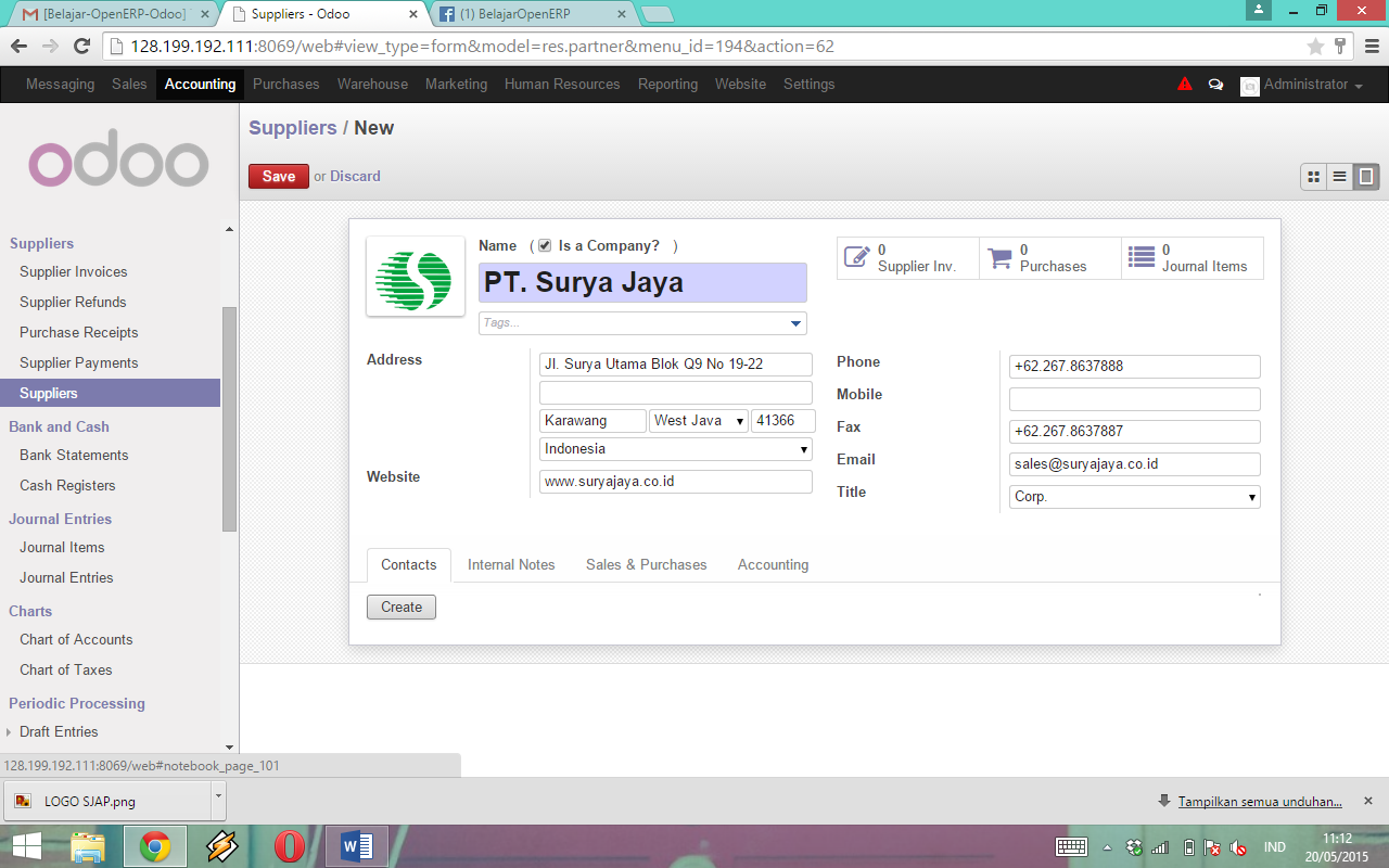 Belajar ERP: Tugas 6 : Membuat Master Data di Odoo 8