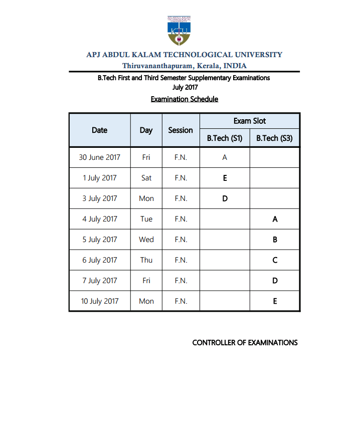 B.Tech First and Third Semester Supplementary Examinations - KTU ASSIST