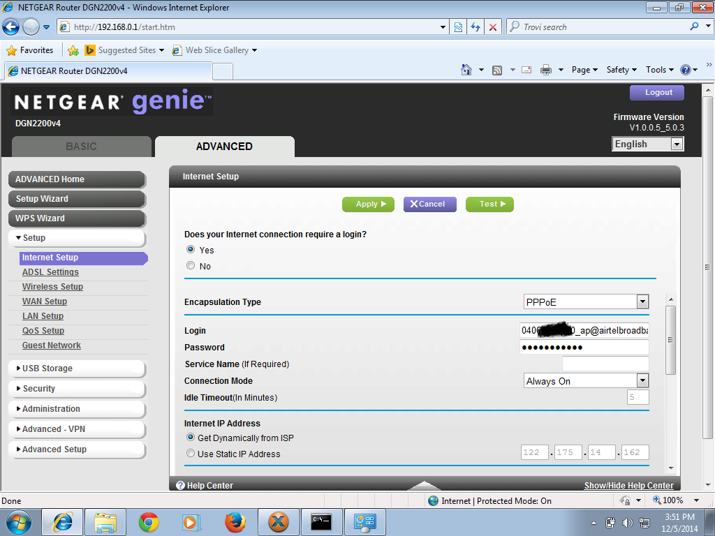 ADSL 2+ PPPOE configuration for Airtel on Netgear 2200v4 ADSL wifi router