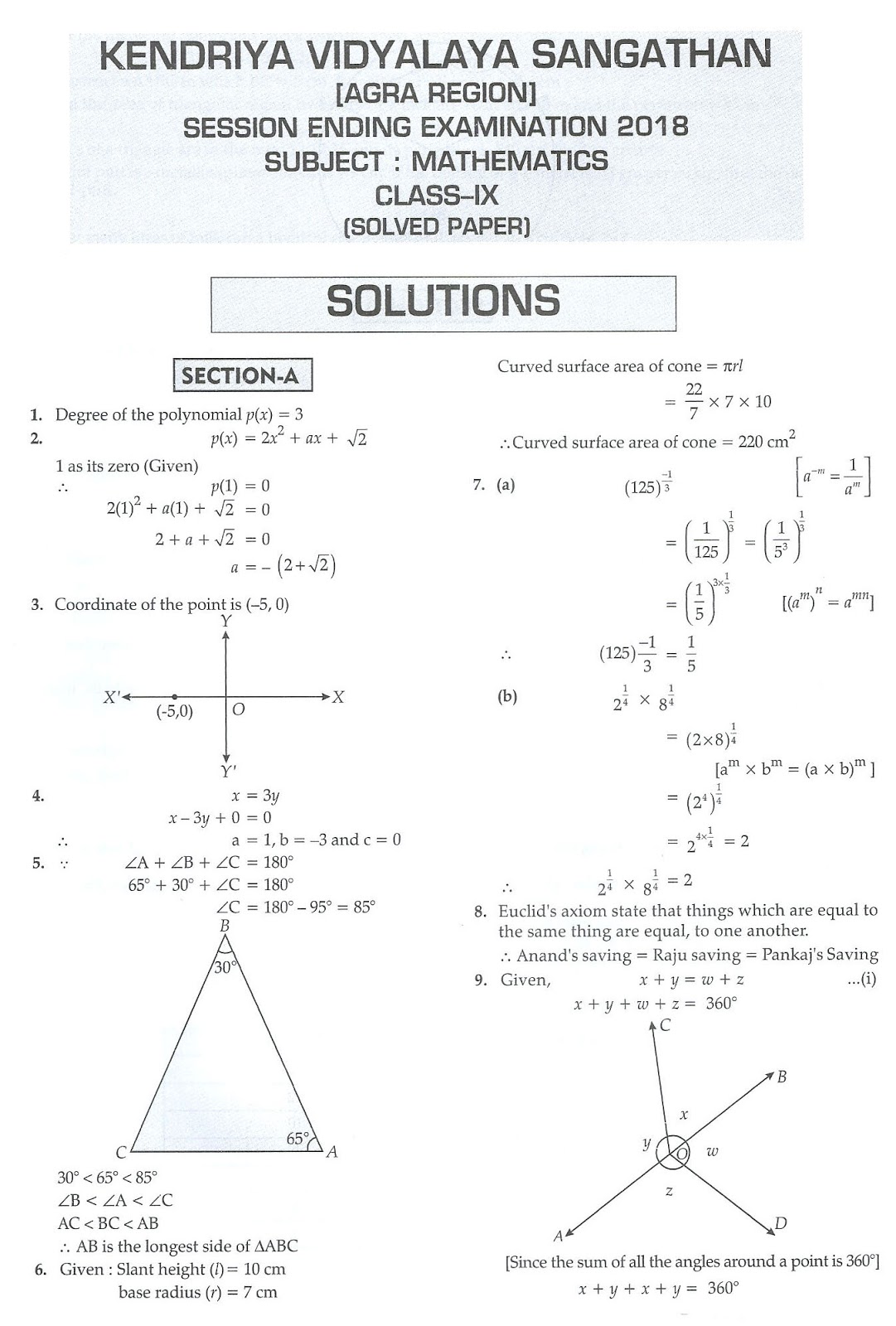 CLASS IX MATHEMATICS KENDRIYA VIDYALAYA SANGATHAN (AGRA REGION) Paper ...