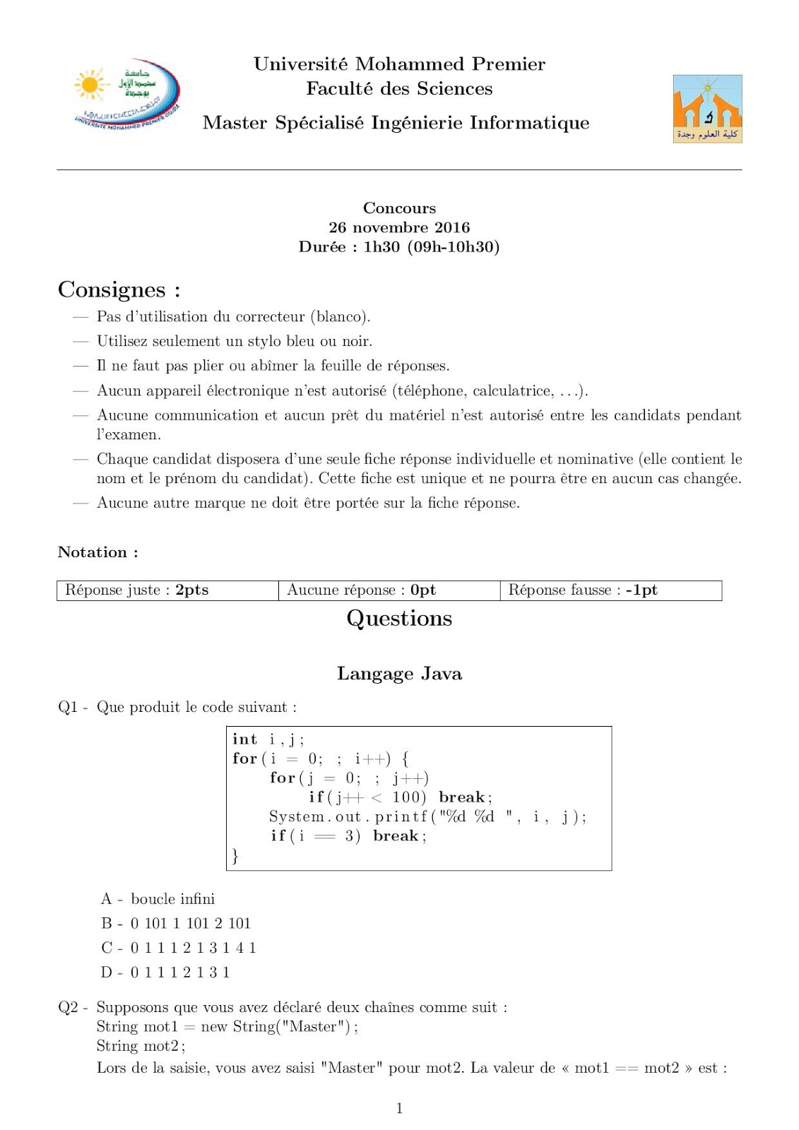 3 Exemples Concours Master Spécialisé Ingénierie Informatique FS OUJDA ...