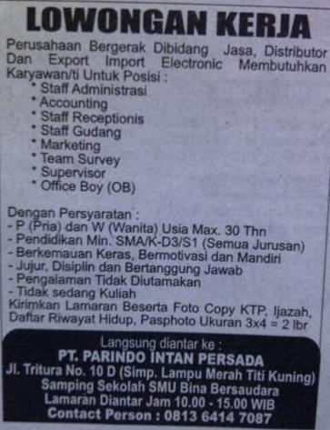 Lowongan Kerja PT Parindo Intan Persada | Pusat Iklan Murah Medan