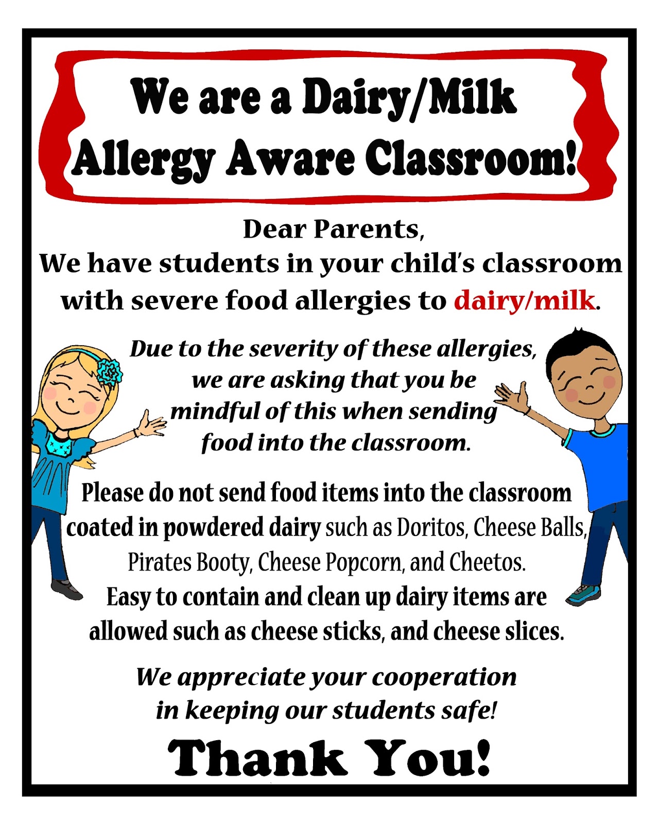 Thriving With Allergies: Dairy Free Classroom Poster