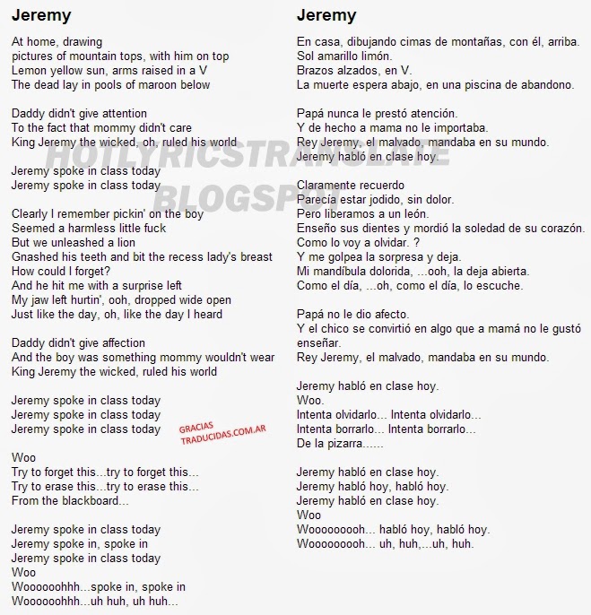 TOP LYRICS TRANSLATED CANCIONES TOP TRADUCIDAS: Pearl Jam - Jeremy (1992)