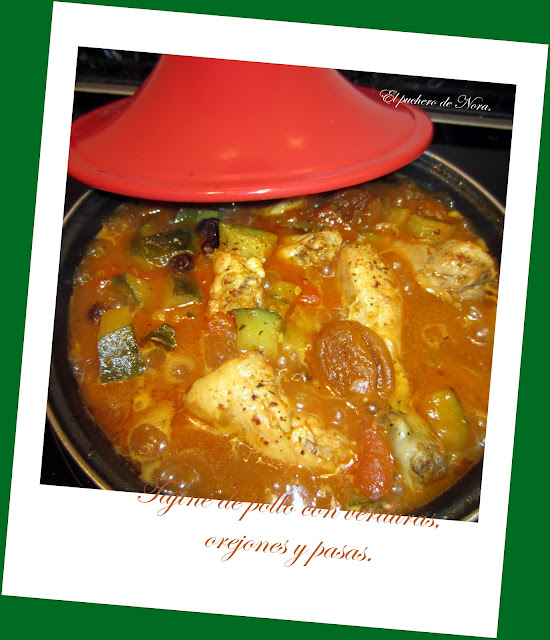 El puchero de Nora: Tajine de pollo con verduras, orejones y pasas.