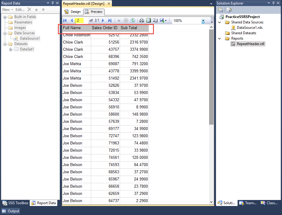 Technology: Create First SSRS Report and Configure Repeat header
