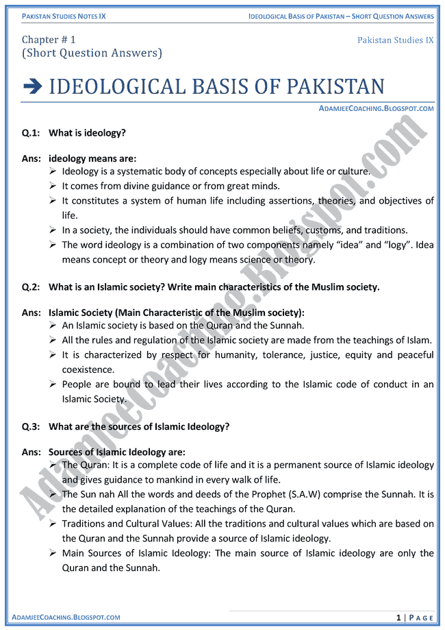 Adamjee Coaching: Ideological Basis of Pakistan - Short Question ...