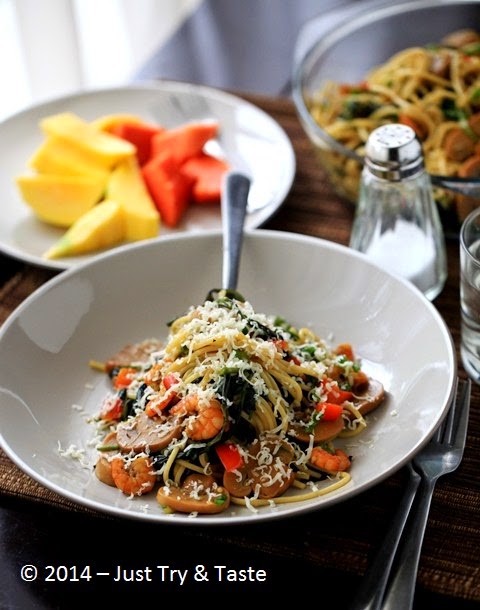 Spaghetti Goreng dengan Kangkung, Jamur dan Udang | Just Try & Taste