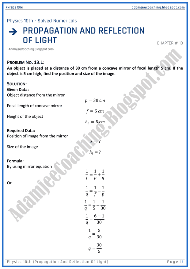 Adamjee Coaching: Propagation and Reflection of Light - Solved Numericals - Physics 10th