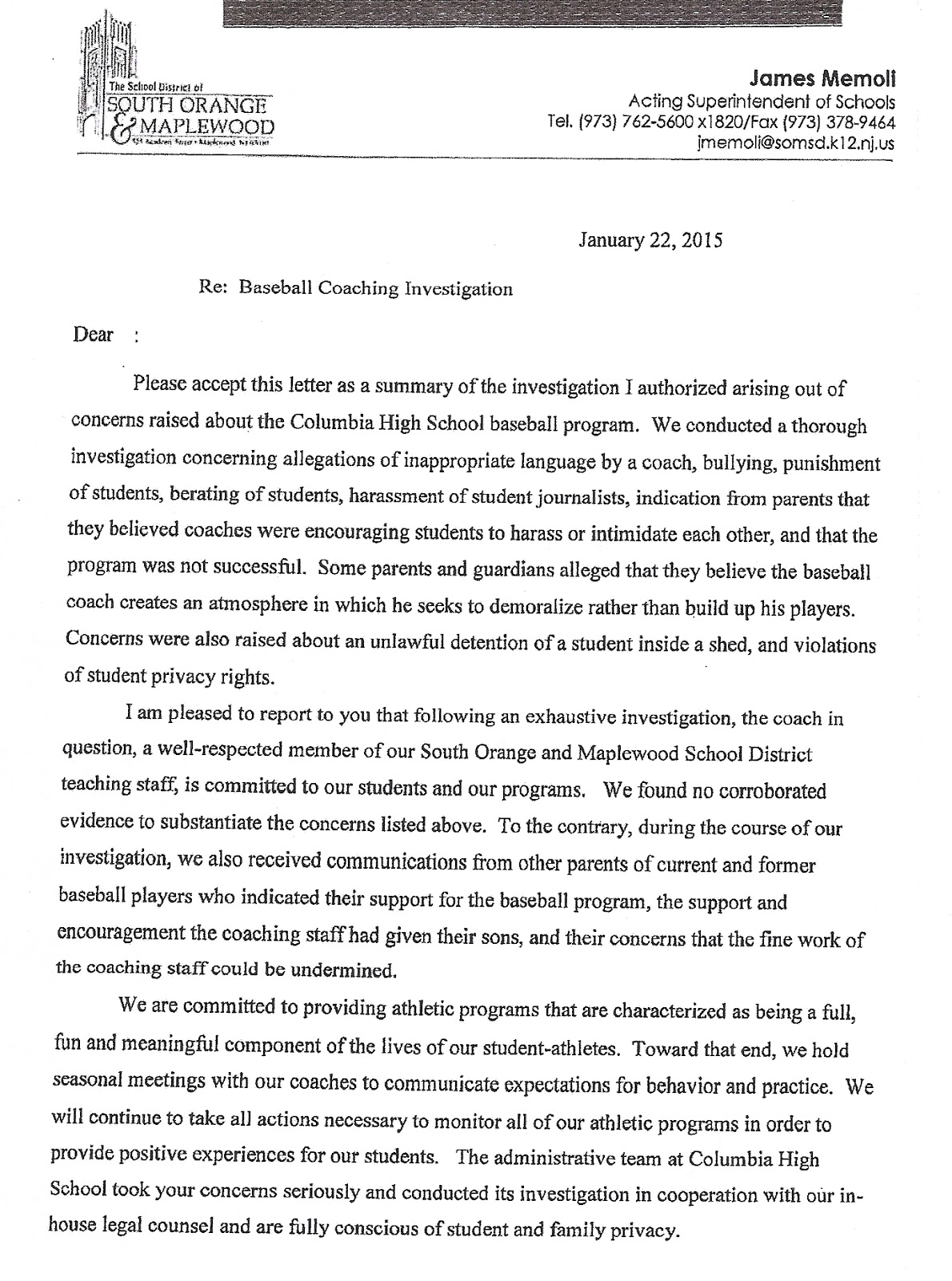 Maplewoodian.com: MEMOLI 2015 LETTER EXONERATING BASEBALL COACHES