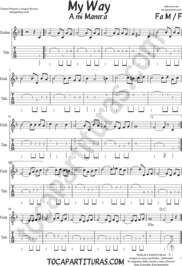 tubescore: My Way by Frank SinatraTab Sheet Music for Guitar in F Major ...