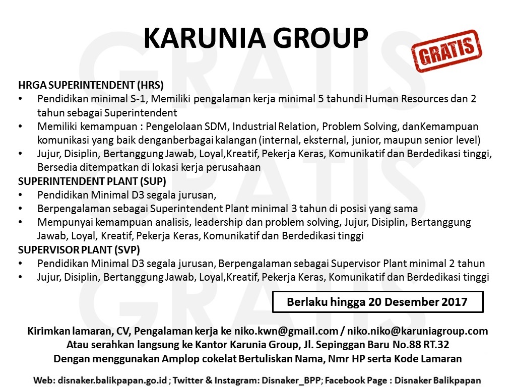 Lowongan Kerja Kota Balikpapan: Lowongan KARUNIA GROUP