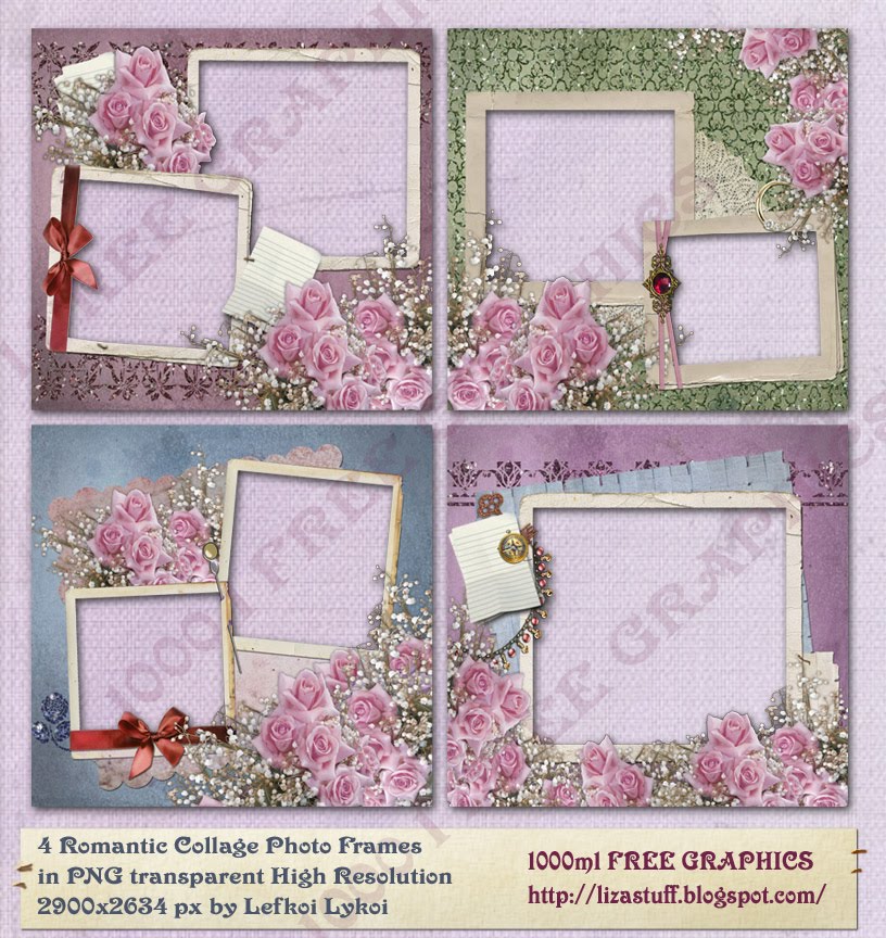 4 Romantic Collage Photo Frames in PNG transparent High Resolution 2900 ...