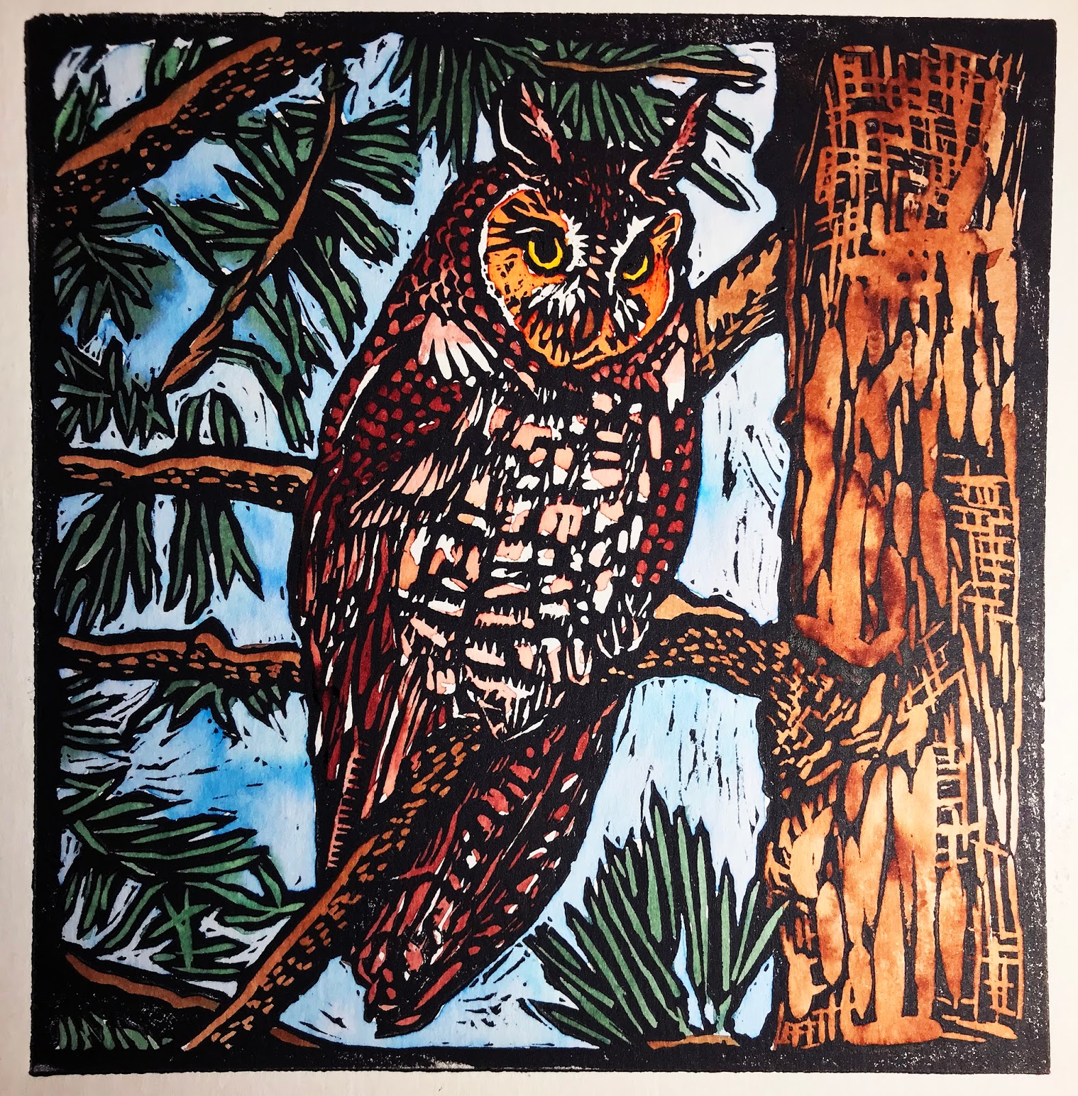 Words on Woodcuts: Hand-Colored Bay Owl, African Wood Owl, Long-Eared Owl