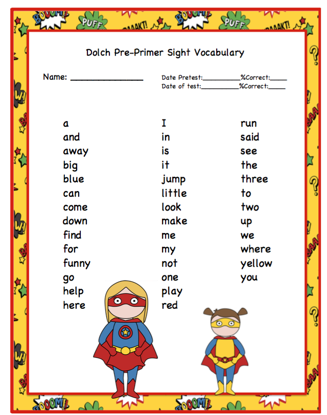Pre-Primer Sight Word Cards Superhero Girl Theme ~ Preschool Printables