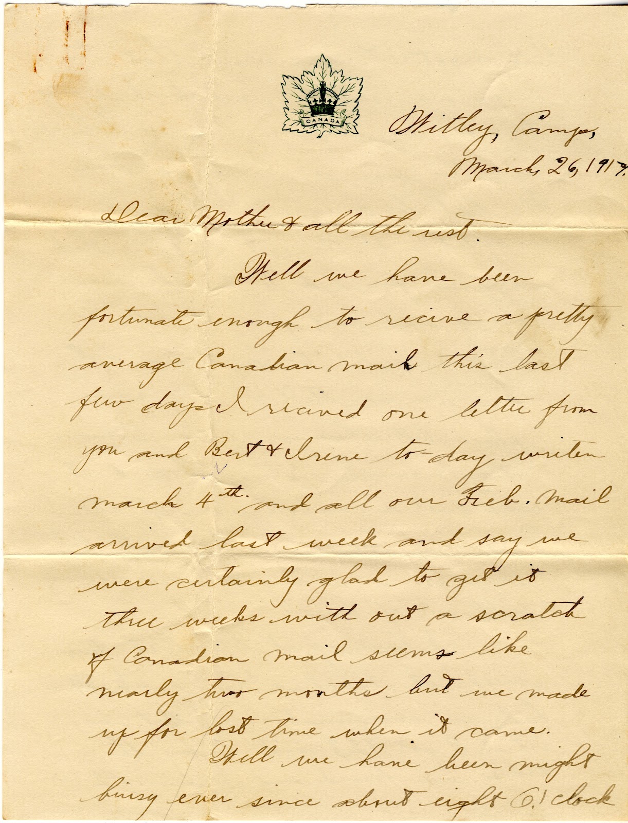 Letters From World War One: Mar. 26, 1917 Witley Camp