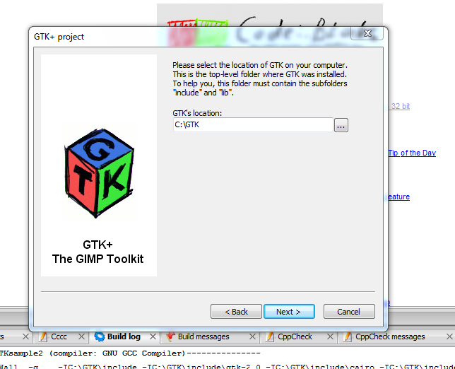 Code in code::blocks: Setup GTK project in Code::Blocks (windows 7)