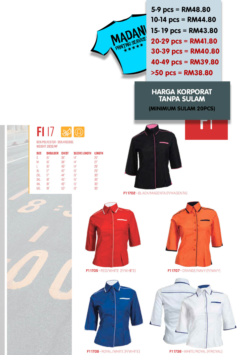 CETAK BAJU ONLINE: F1 UNIFORM/ CORPORAT/ KEMEJA
