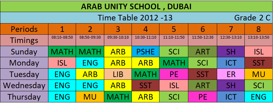 Arab Unity School | Grade 2 | Blog: Time Table