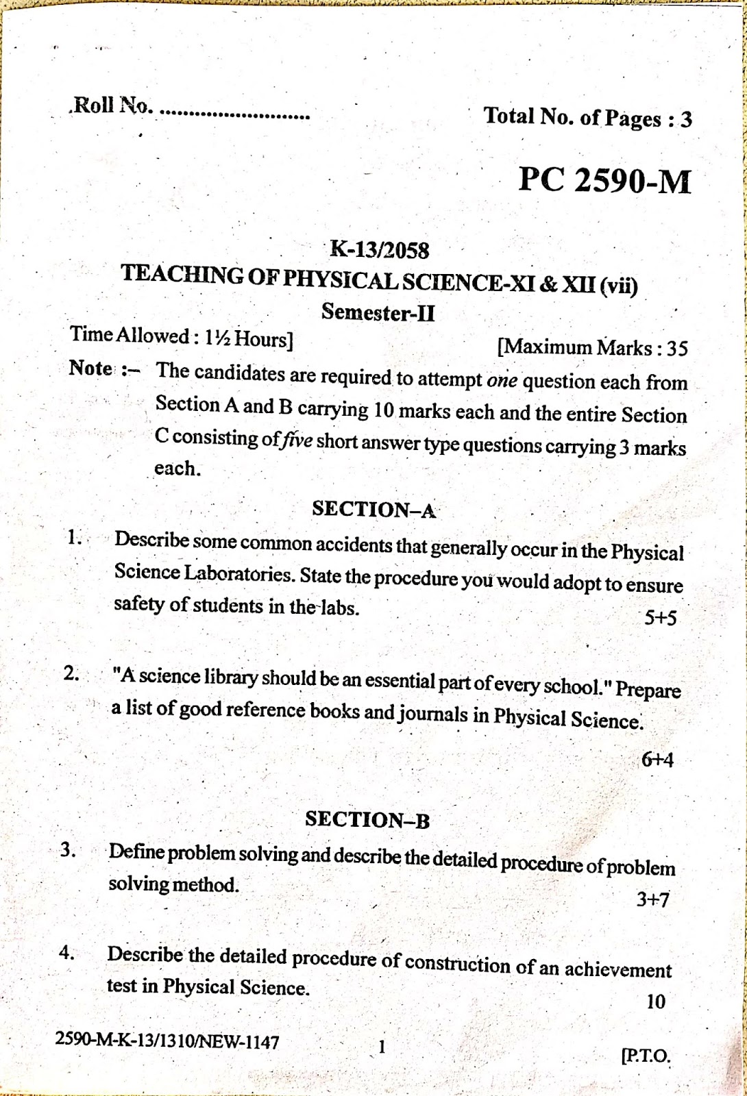 Teaching of physical science (previous question papers) Punjabi ...