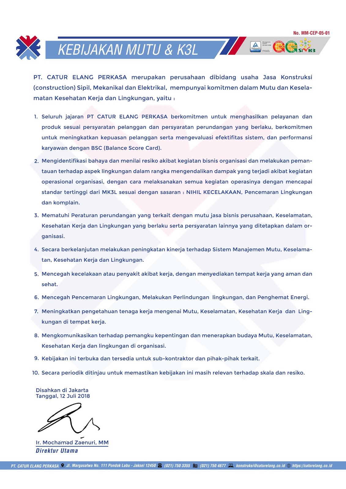 PT. CATUR ELANG PERKASA QHSE DEPARTEMENT: KEBIJAKAN K3 di dalam Klausul ...