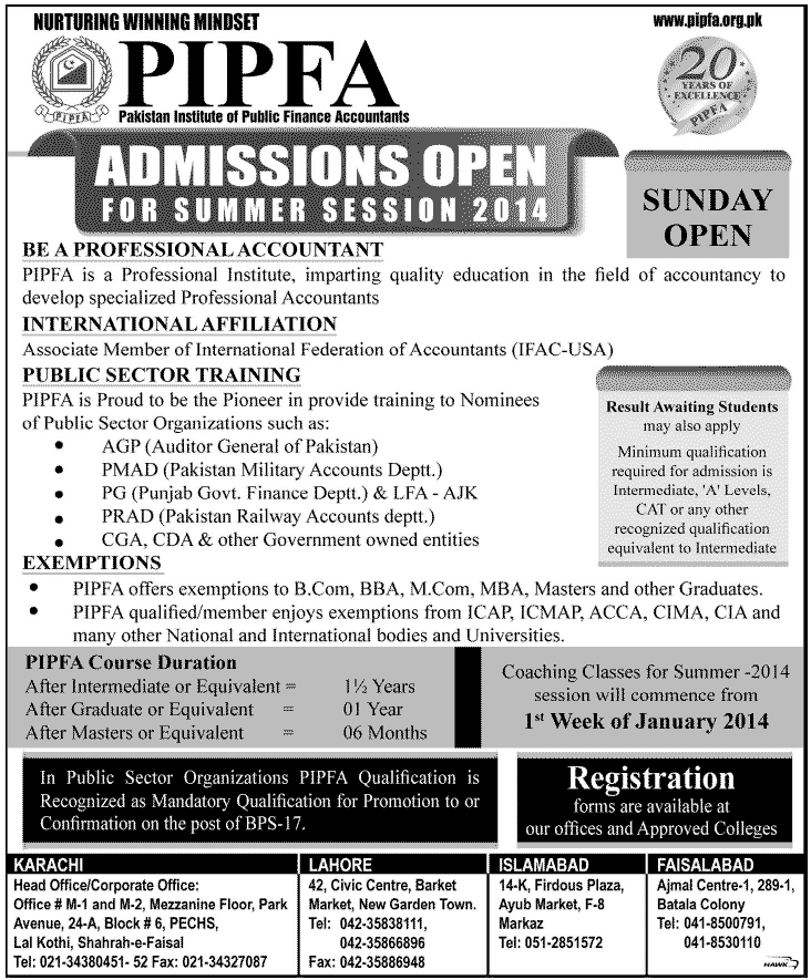 Educational Blog : PIPFA Admissions 2014