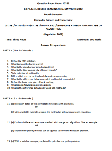 Cs2251 Design And Analysis Of Algorithms Be Cse May June 2012 Question Paper University