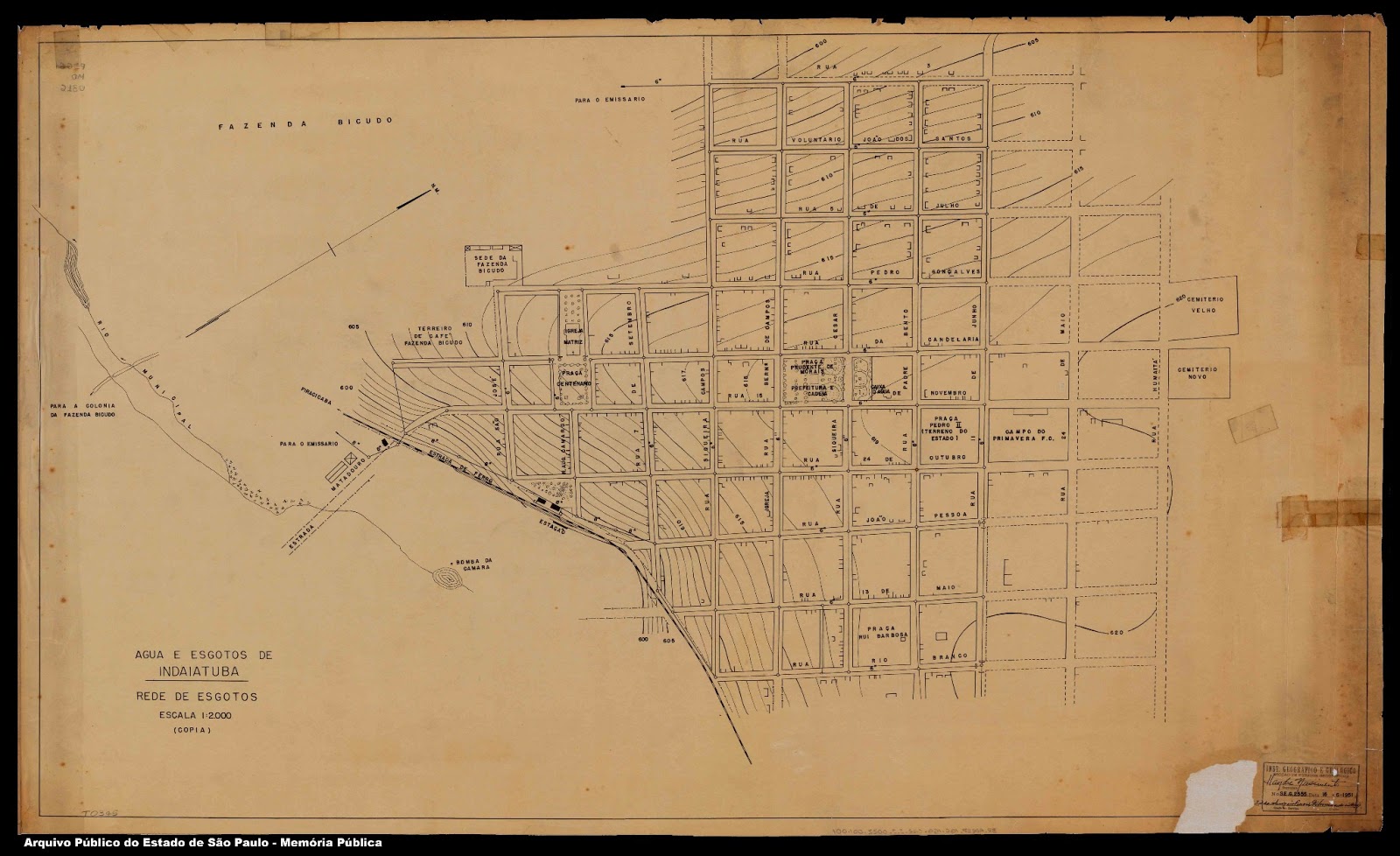 História de Indaiatuba: Indaiatuba em 1951 - Mapa da rede de Água e Esgoto