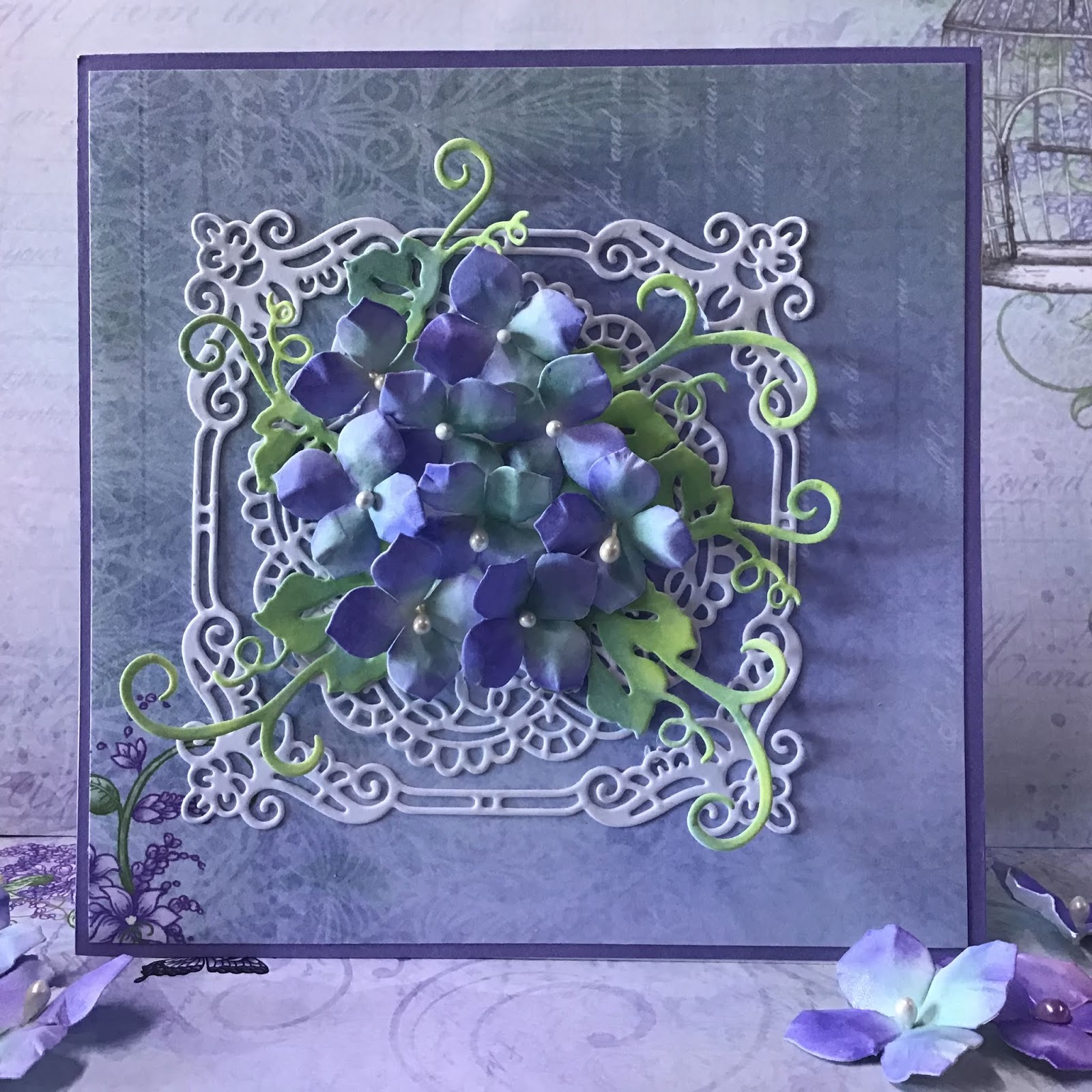 The Purple Magnolia Papercraft: Lilac and teal hydrangeas on lace