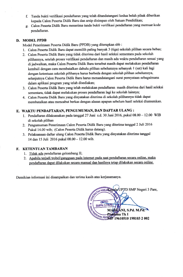 UPTD SMP Negeri 3 Pare Kabupaten Kediri: 2016