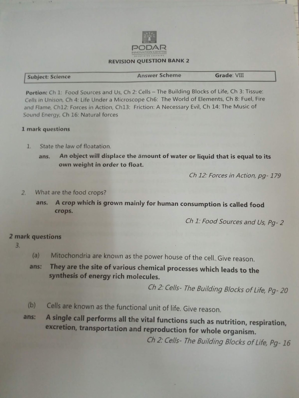 Science Revision question bank 2 and its answer key