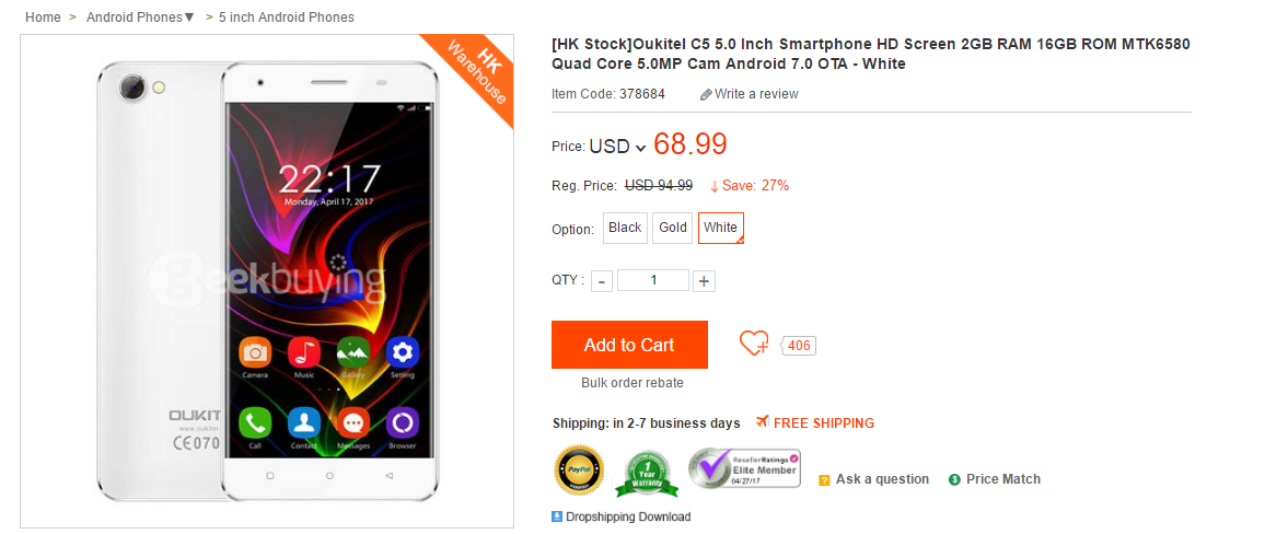 Oukitel C5 5.0 Inch Smartphone HD Screen 2GB RAM 16GB ROM MTK6580 Quad ...