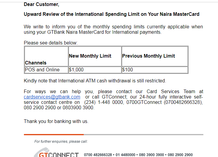 GTBank Mastercard International Spending Limit Increased From $100 To ...