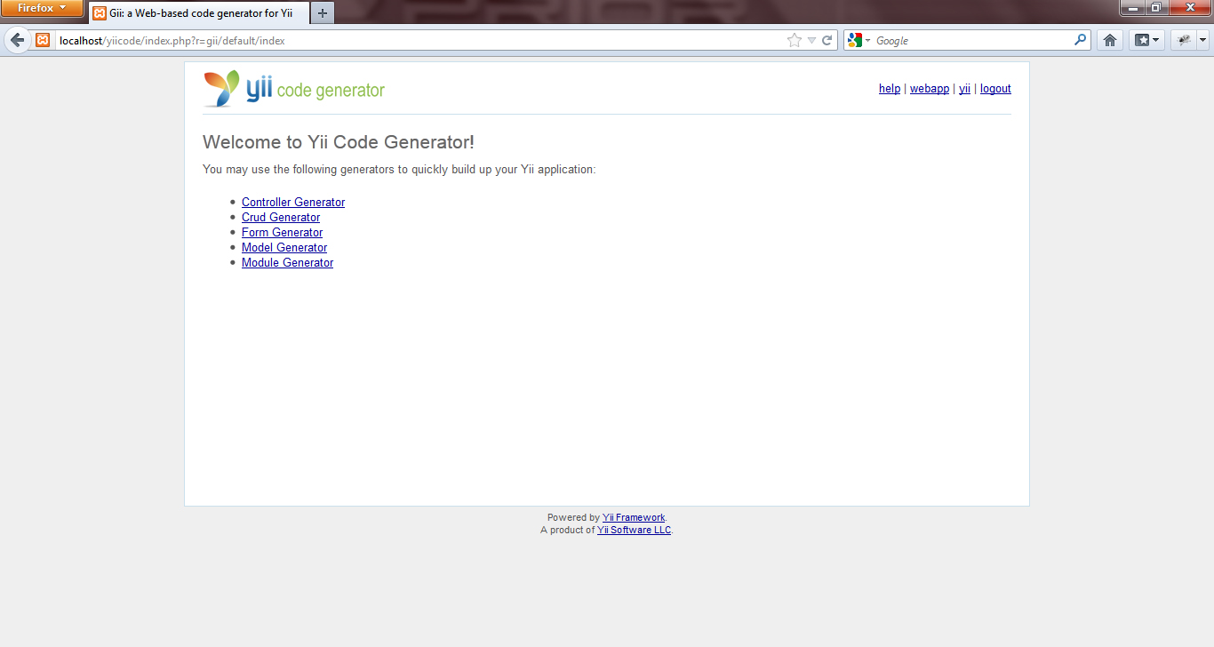 Configuration Gii Tool (Yii Code Generator)