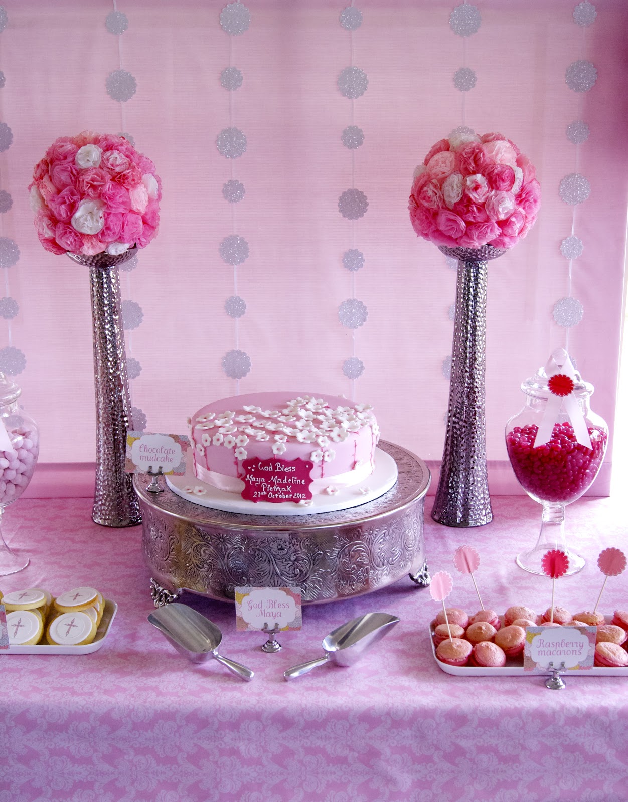 The Inspired Occasion: Simple Pink Christening Table with Pompoms