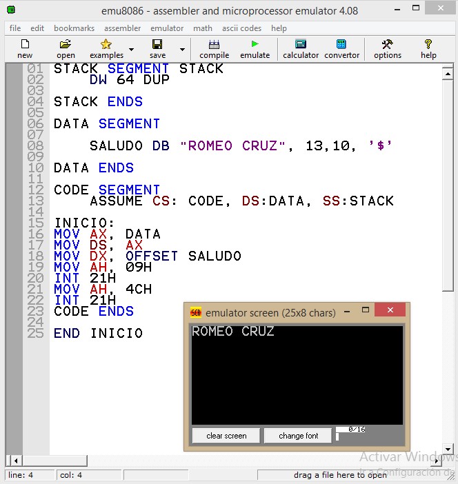 ROMEO CRUZ - I.S.C.: IMPRIMIR Y LIMPIAR (EMU 8086 / TURBO ASSEMBLER)